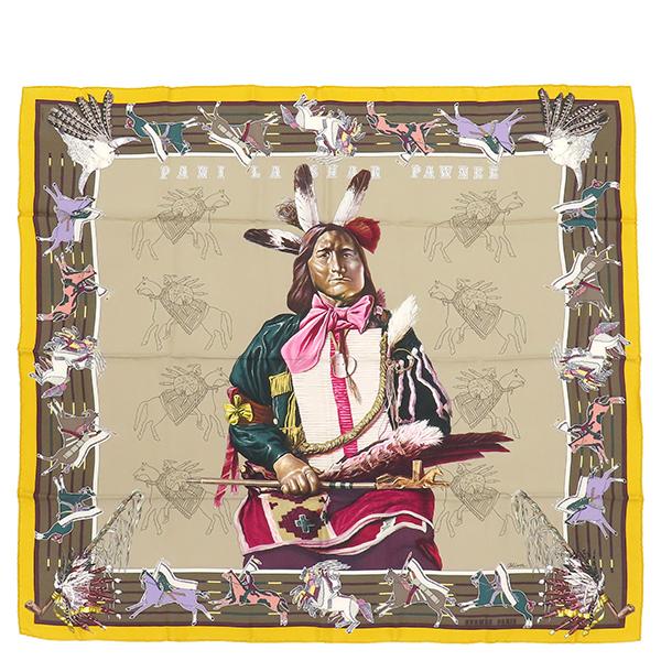 ■商品情報[管理番号]240500514222 [ブランド]エルメス（HERMES）[カラー]エトゥープ×サフラン×モーヴ [素材]シルク[生産国]フランス[サイズ]W(底辺)90cm x H(最長)90cm[重量]70g[付属品]付属品な...