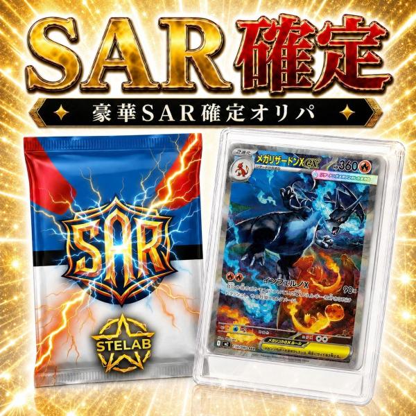 1口につきカード1枚入り、SARまたは特別枠の高レアリティカードを必ず1枚封入。オリジナルパックです。A賞は、メガリザードンX ex SAR・メガレックウザex SAR・ピカチュウex SAR。B賞は、メガダークライex SAR・メガゲッコ...