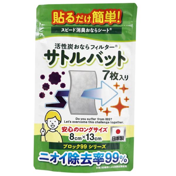 サトルバットは、おならのニオイを強力に吸着・消臭する使い捨てタイプのシートです。99％以上の消臭効果が証明されたヤシガラ活性炭を使用し、下着の外側に貼るだけで簡単にニオイケアが可能。通勤や外出、仕事中などでも快適に使用できます。また、薄型設...