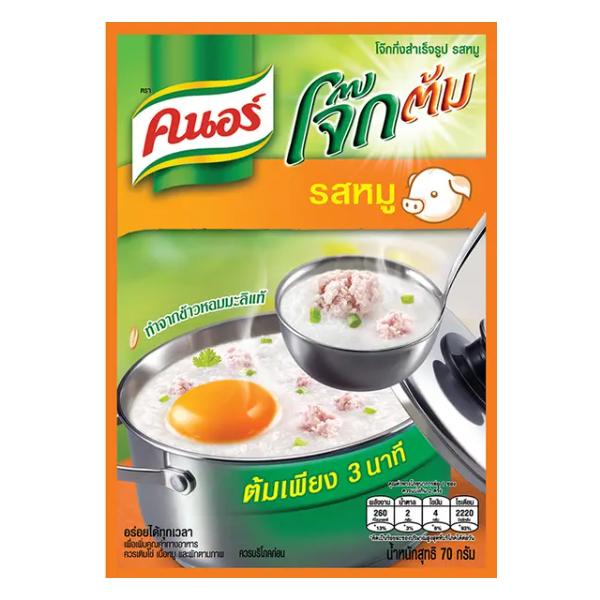 ポーク風味のお粥【原材料】・乾燥ジャスミンライス 59%・米粉12％・砂糖 3.7%・ヨウ素添加食塩 5.2%・調味料（アミノ酸等）：グルタミン酸ナトリウム、5’-リボヌクレオチド二ナトリウム等・乾燥豚肉 2.1%・大豆たん白 2.1%・香...