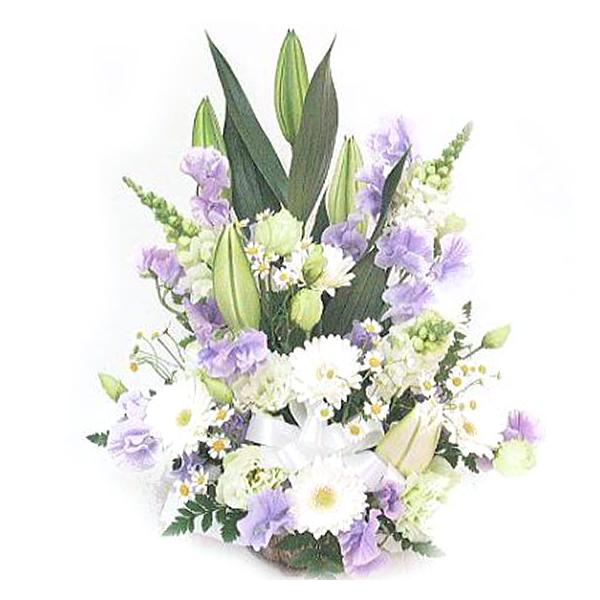 定番のパープル（紫）と白のコンビネーションはご関係やお亡くなりになられてからの年月を問わず、亡くなられて間のないころから各種ご法要まで、いつでもお使いいただけるお色配分です。追悼の意を表す大切なお花は定番デザインで失礼のないように配慮してお...