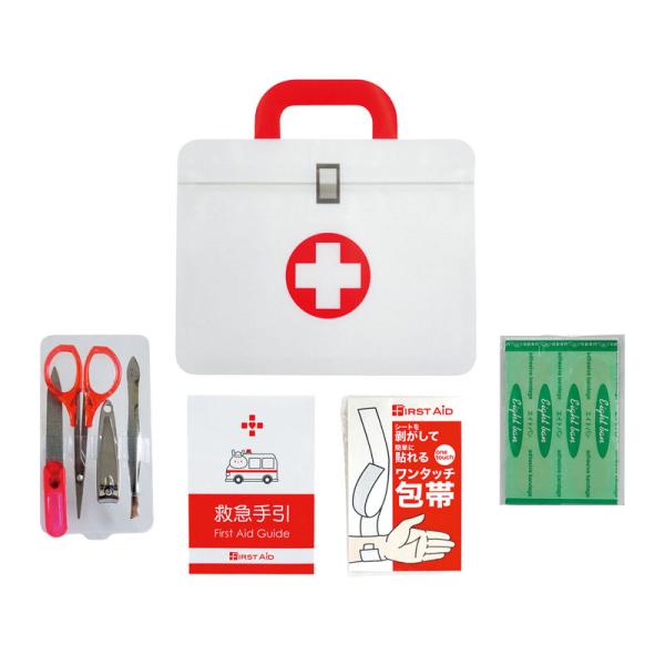 救急セットを持ち運びやすいジッパーポーチにまとめました。【商品内容】救急ジッパーポーチ：50×140×138mm(材質：PET・PE・PP)絆創膏(5P)×1、ワンタッチ包帯×1、救急手引×1、ネイルケア4点セット×1重量：45g生産国：中...