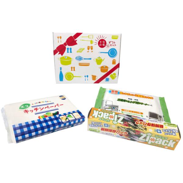 キッチン回りで人気の「フリーザーパック・キッチンペーパー・冷蔵庫クリーナー」の3点ギフトセット。【商品内容】ジパック・新鮮保存BOX(5枚入)×1大判・冷蔵庫＆レンジ用クリーナー(5枚入)×1エコキッチンペーパー(50枚入)×1重量：186...