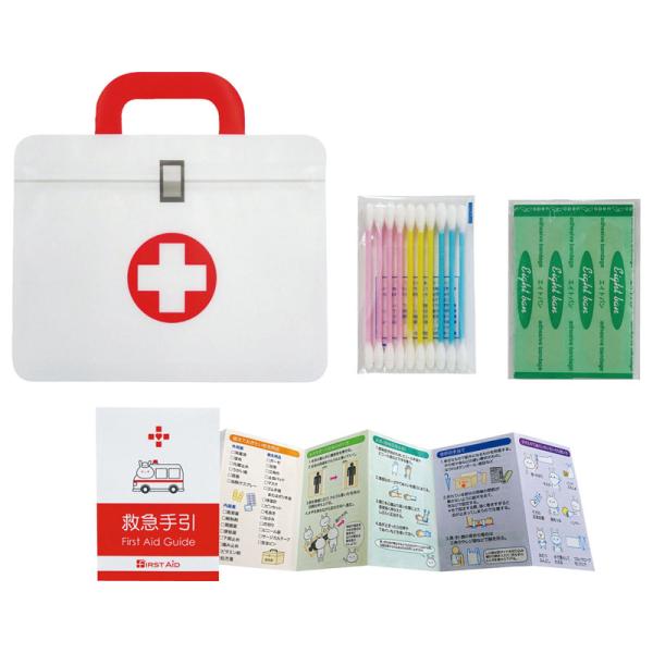 救急セットを持ち運びやすいジッパーポーチにまとめました。【注意事項】本製品は商品をポリ袋に入れた状態でのお届けになります。【商品内容】救急ジッパーポーチ：50×140×138mm(材質：PET、PE、PP)絆創膏5P×1、綿棒10P×1、救...