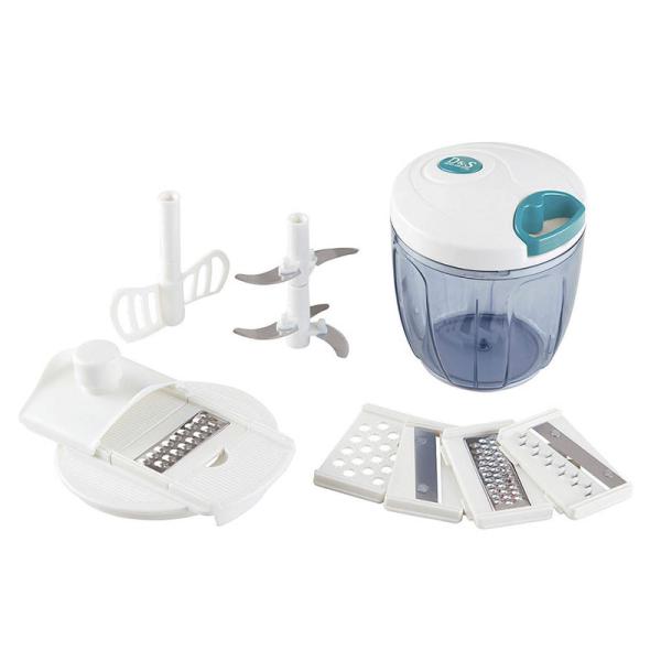 手間をかけずに数秒で食材を刻めます！手を汚さず、匂いもつかず、楽しく料理ができる優れもの。11pcsセットで、みじん切り、おろし、千切り、薄切り、混ぜる、ミンチこれ一つ。【商品内容】本体サイズ：φ125×140mm容量：900ml材質：PS...