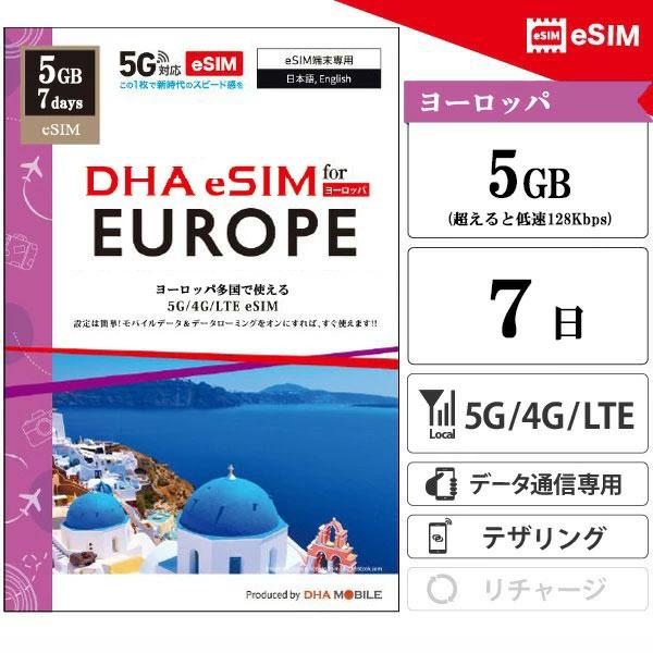 対応国：ヨーロッパ33ヵ国日　数：7日間（※使用開始日から7日間。）容　量：5GB(超えると低速128kbps)対応SIM：eSIM対応バンド：国によって変わりますが、基本5G: n28/n78; 4G/LTE：B3/7/20; 3G: B...