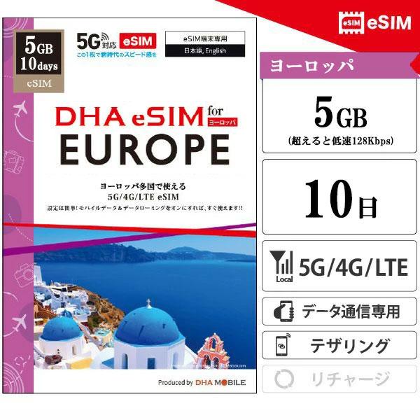対応国：ヨーロッパ33ヵ国日　数：10日間（※使用開始日から10日間。）容　量：5GB(超えると低速128kbps)対応SIM：eSIM対応バンド：国によって変わりますが、基本5G: n28/n78; 4G/LTE：B3/7/20; 3G:...