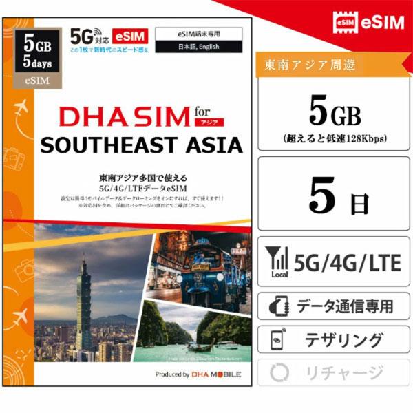 対応国：東南アジア8か国（ベトナム、香港、マカオ、台湾、マレーシア、インドネシア、タイ、シンガポール）日　数：5日間（※申請した日時から5日間。）容　量：5GB対応SIM：eSIM対応バンド：基本Band 1 / 3 / 5 / 7【注意事...