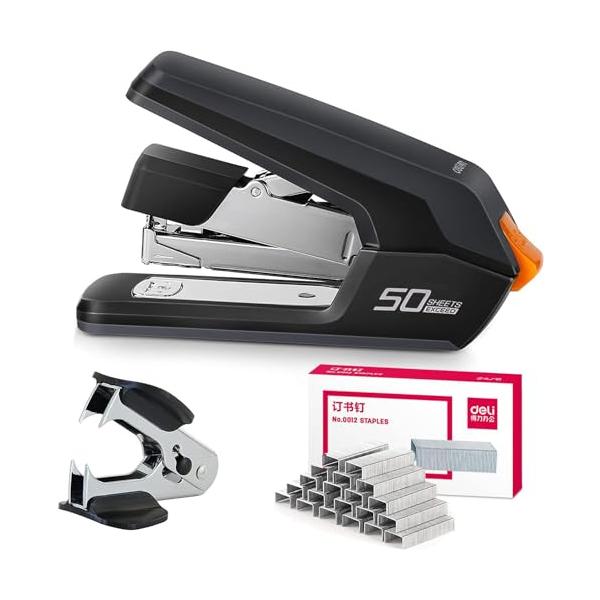 「Deli ホッチキス 省力80% メーカー3年 50枚とじ 軽い力レバー採用 50枚綴じ トップ滑り止めTPR素材 (1500本のホチキス針、ホ」▼797444646108▼（商品説明）モダンブラック/50枚綴じ/Black・Color:...