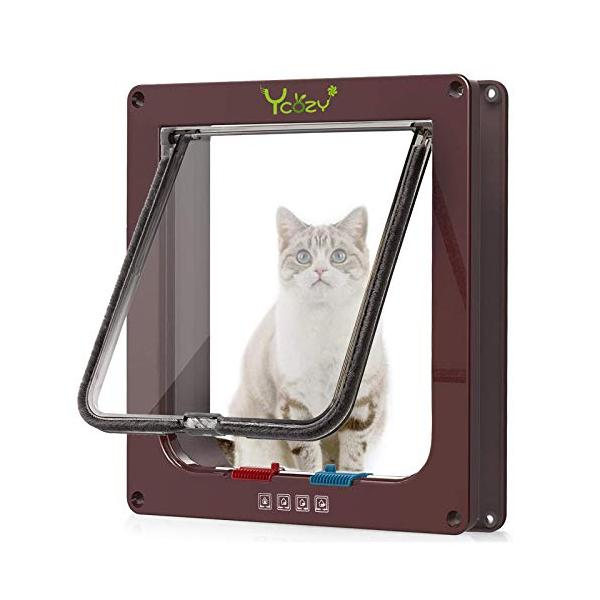 「Ycozy ペットドア 外寸27.8 x 25cm 猫 出入り口 小型犬用 ドア 猫扉 4-way切替 ロック キャットドア 室内用 取り付け簡」▼8414773131564▼（商品説明）ブラウン/XL | 内寸22.5*20cm/-・S...