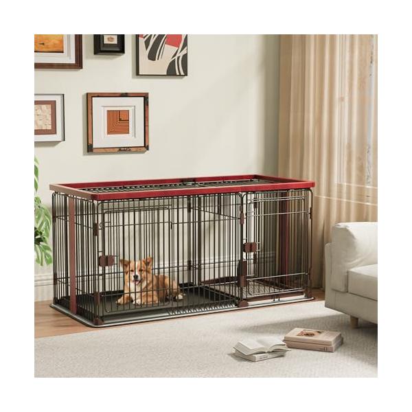 「犬 ケージ 犬 ゲージ 犬ゲージ 幅146×奥行68×高さ70cm 小中大型犬用 ペットケージ 犬サークル 木製 室内 マット付き トイレ 屋根付き トイレトレーニング出来る 仕切 組立簡単 掃除しやすい (ブラック＋レッド)」▼▼（商品...