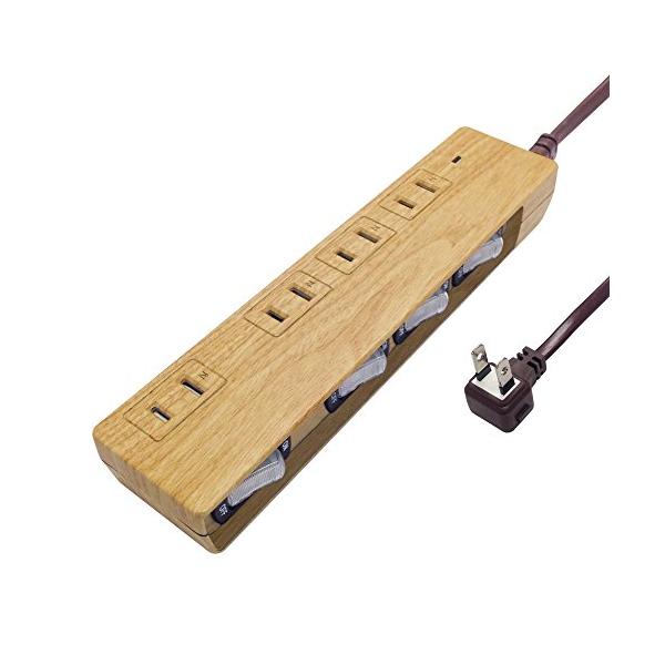 「Fargo 電源タップ 節電 個別スイッチ AC4個口 木目調 デザイン プラグ 延長コード シンプル ナチュラル インテリア タップ ケーブル」▼4589938782203▼（商品説明）・ベージュウッド AC4個口 個別スイッチ付 PT...