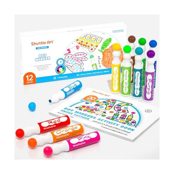 「Shuttle Art ドットマーカーペン 12 色セット 40ml 水性 水 洗える 子供用 ウォッシャブルカラーペン 塗り絵付き 絵かき 画」▼729270011997▼（商品説明）水性12色/1 Count (Pack of 12)...