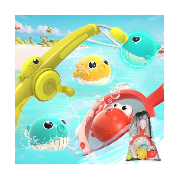 人気のお風呂おもちゃセット釣り竿1本、釣り網1本、フグ1個、クジラ2個、カニ1個。・面白い釣りゲーム各魚には磁石の口があります。子供たちは回転する釣り竿を使って、フグ、クジラ、カニに釣り糸を調節できます。魚を捕まえると、魚が自動的に光ります...