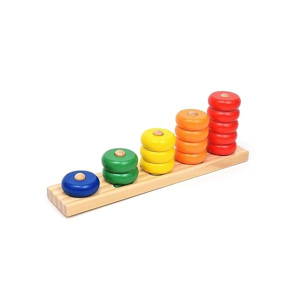 赤、青、黄、緑/ワンサイズ/58941・パッケージ個数:1・木製カウンティングスタッカー 同じ色のリングを棒に差し込んでみよう 土台の棒の長さによって、入るリングの数が変わります。また、自然と数を数え、覚えることにつながります・はじめての知...