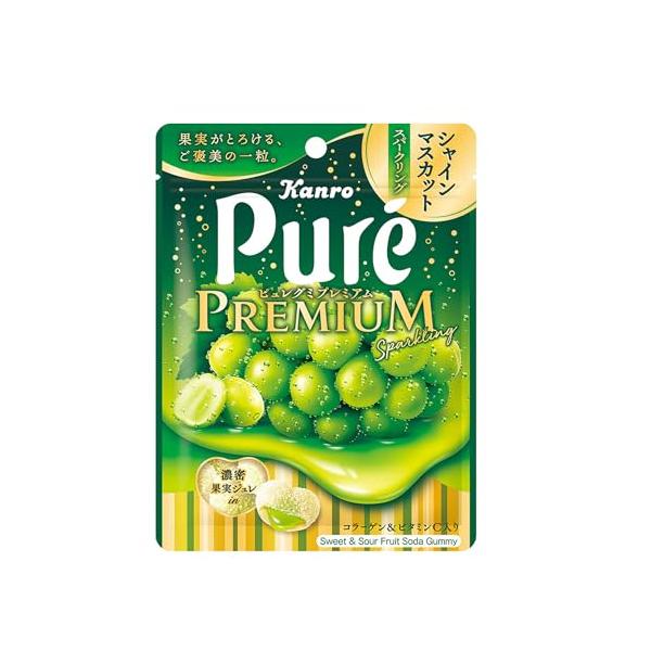 「カンロ ピュレグミプレミアムシャインマスカットスパークリング 54g×6個」▼4570134968812▼（商品説明）グミ商品紹介  果実がとろける、ご褒美の一粒・とろ〜り濃厚なジュレ部とスッキリしたスパークリング感のあるグミ部との味わい...