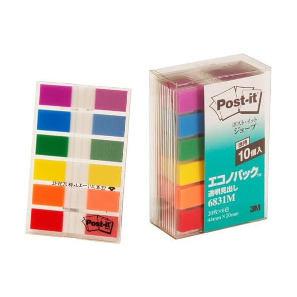 「ポストイット フィルム 付箋 見出し 44×10mm 20枚×6色×10個 6831M インデックスシール」▼4519001632685▼（商品説明）(4)10個セットパープル、ブルー、グリーン、イエロー、オレンジ、レッド/c. 10個/...
