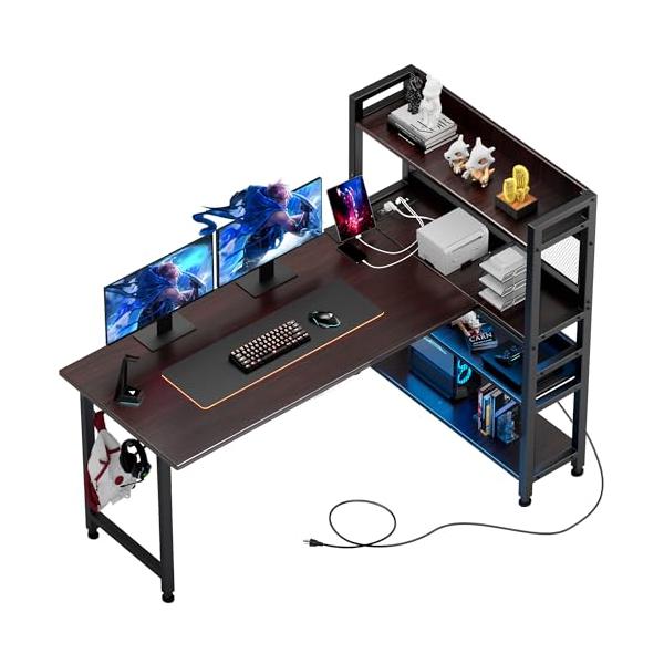 「COMHOMA ゲーミングデスク パソコンデスク l字 コンセント/棚/led付き モニターアーム対応 棚板高さ調節可能 多層収納 壁面収納 パ」▼4570111931143▼（商品説明）ラック付き・モニター台なし02ブラウン-モニター台...