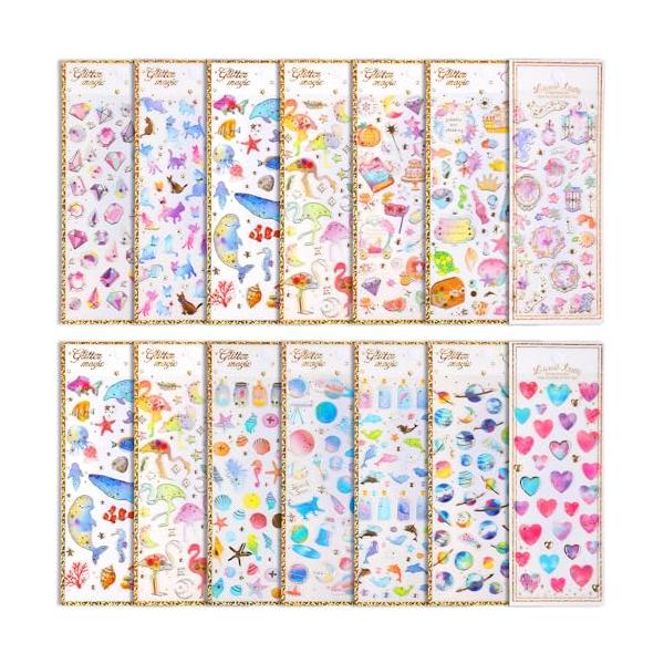 「SANNIX キラキラシール 女の子 14シート ごほうびシール 手帳ステッカー ぷくぷく シール キラキラ ハート 立体 デコ ステッカー ご」▼▼（商品説明）天体心柄と猫魚ホワイト/-/-・Style:天体心柄と猫魚・パッケージ個数:...