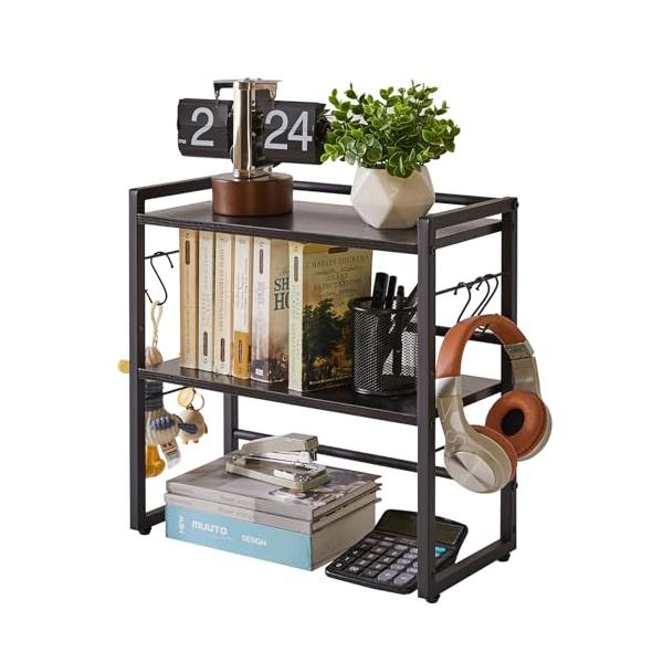 「Aibiju デスクシェルフ 本立て 卓上 ラック 2段 幅43×奥行20×高さ43cm 小物収納棚 キッチン収納 フックが6つ 机上ラック 台」▼▼（商品説明）ヴィンテージブラック/-/-・Color:ブラック・パッケージ個数:1・高さ...