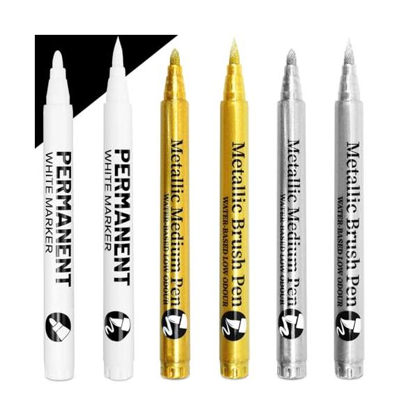 「Elegirme 白ペン マーカーペン 金銀白 2種類のペン先 6本セット 耐水インク 0.5~5mm線幅 水性アクリル 白筆ペン 名前ペン タ」▼▼（商品説明）マーク２種類 - 金銀白金銀白/-/-・Style:マーク２種類 - 金銀白...