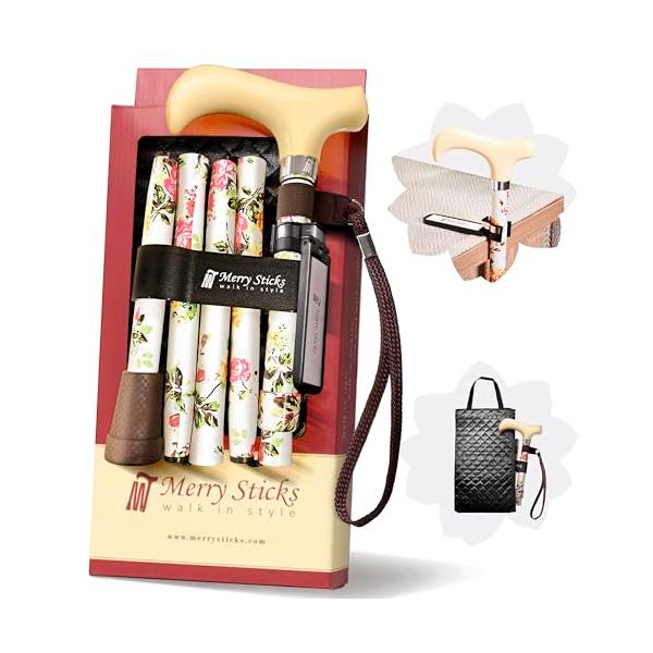 「コンボセット Merry Sticks（メリースティックス）/ 折りたたみステッキ/つえぶくろ &amp; ステッキクリップホルダー付き/杖/カントリー」▼4719876131300▼（商品説明）Cream Flowers/-/-・Col...