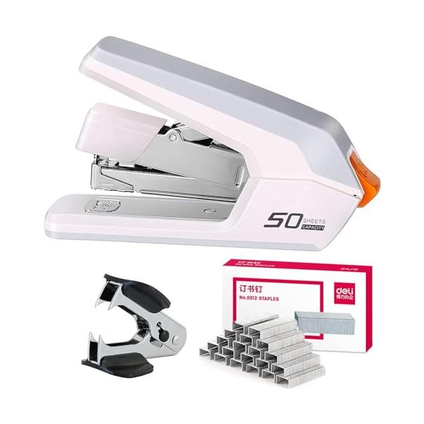 「Deli ホチキス 50枚とじ 省力80% メーカー3年 ホッチキス 軽い力レバー採用 トップ滑り止めTPR素材 (1500本のホチキス針、ホチ」▼797444646078▼（商品説明）ホワイト/50枚綴じ/-・Color:ホワイトSiz...