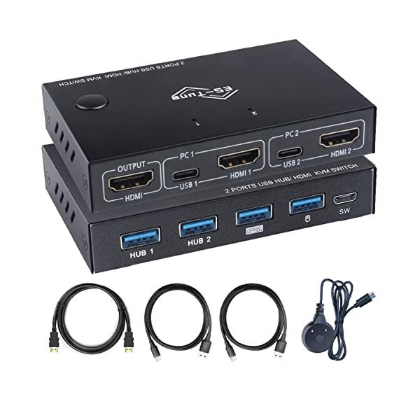 「ES-Tune HDMI KVM切替器 2入力1出力 USB2.0＆Type-C端子対応 4K@60Hz 手動/有線リモート切替 電源不要 HD」▼735632183912▼（商品説明）-/2台用・4K30HZ/KM201・Size:2台...