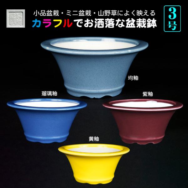 サイズ：口径9cm高4cm商品解説　色鮮やかな発色が魅力の静和富造。某商社が輸出用に製作したのもので、鉢の胎土（磁器）から瀬戸で作られたものと思われます。しかしこの色鮮やかな釉薬の仕上がりは京焼との説もあり、実際にその一部は京焼として盆栽業...