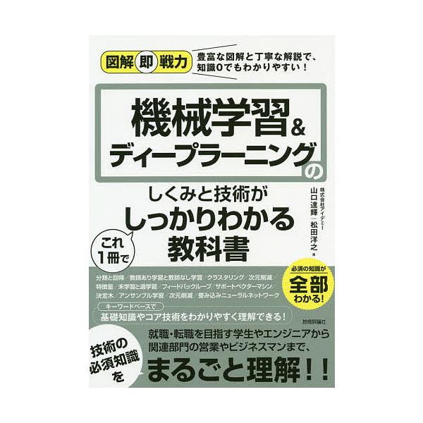 著:山口達輝　著:松田洋之出版社:技術評論社発売日:2019年09月シリーズ名等:図解即戦力：豊富な図解と丁寧な解説で、知識０でもわかりやすい！キーワード:機械学習＆ディープラーニングのしくみと技術がこれ１冊でしっかりわかる教科書山口達輝松...
