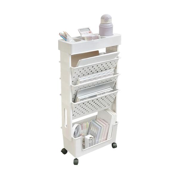 複数の棚や仕切りがあり、異なる大きさの本・ファイル・文具などを収納するための効果的な収納スペースをお約束♪しかも、収納部の底面に仕切りがあって、本や雑誌がぐにゃっ、となりにくい！両サイドから雑誌や書類が取り出せる全方位収納ラック◎キャスター...