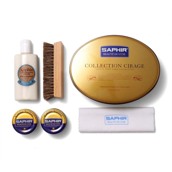 サフィール スタンダードセットは、ケア用品に栄養・艶出し・補色効果の高いファインクリームを２色（ブラック／ニュートラル）とユニバーサルレザーローションがセットになり、ブラシとクロスも付いた充実のシューケアセット。汚れ落としから栄養・保革、補...