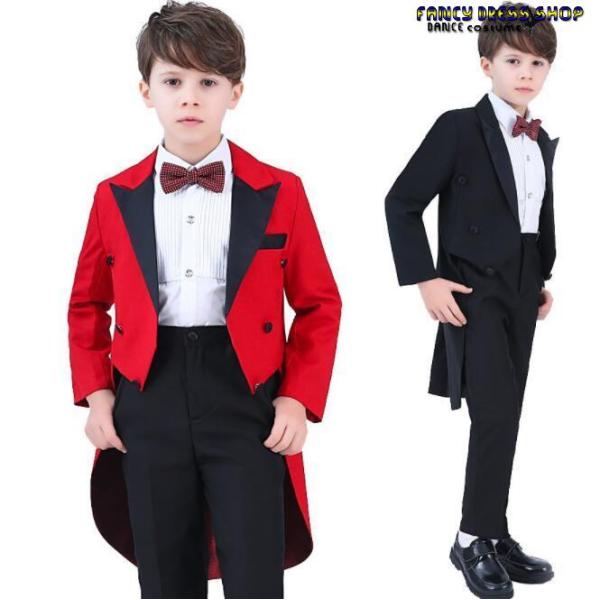 商品詳細  子供タキシード　燕尾服　スーツ　ステージ衣装内容3点セット：ジャケット、ズボン、蝶ネクタイ4点セット：シャツ付き5点セット：シャツとベスト付きご注意：赤と黒、どちらも黒のベストです。サイズ100：バスト64　着丈43　袖丈40　...