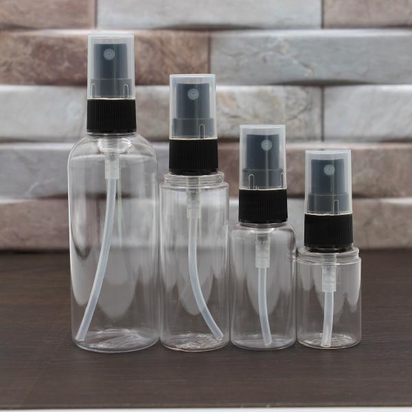 キーワード：国産　詰め替え容器　スプレーボトル　透明ボトル　PET　１５ml・３０ml・５０ml・１００m【商品紹介】　15ml・30ml・50ml・100mlのスプレーボトル４本セットです。　コンパクトで携帯に便利です。化粧水やマスクスプ...