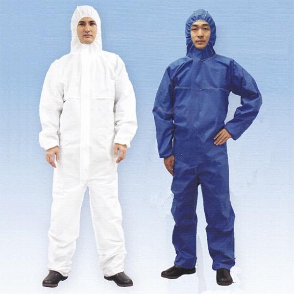 AZGUARD2011 SMS製カバーオールSMMS不織布4層構造の防護服つなぎ服タイプの防護服で白以外にブルー（AZGUARD2012　SMS製カバーオール）もあります。