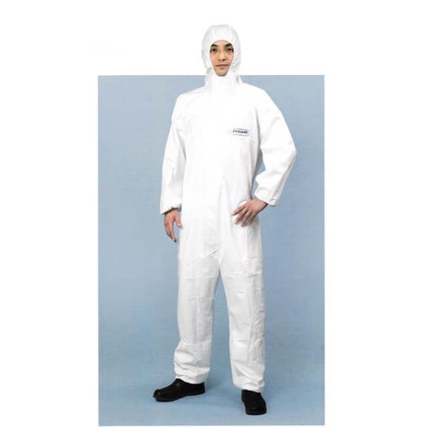 多孔質フィルムラミネート製つなぎ服    JIS規格 JIS T8115:2010 タイプ5　タイプ6　適合品    袖口ゴム入    背ウエストゴム入り    フードゴム入り    接着可能なファスナーカバーつき    裾ゴム入り    ...