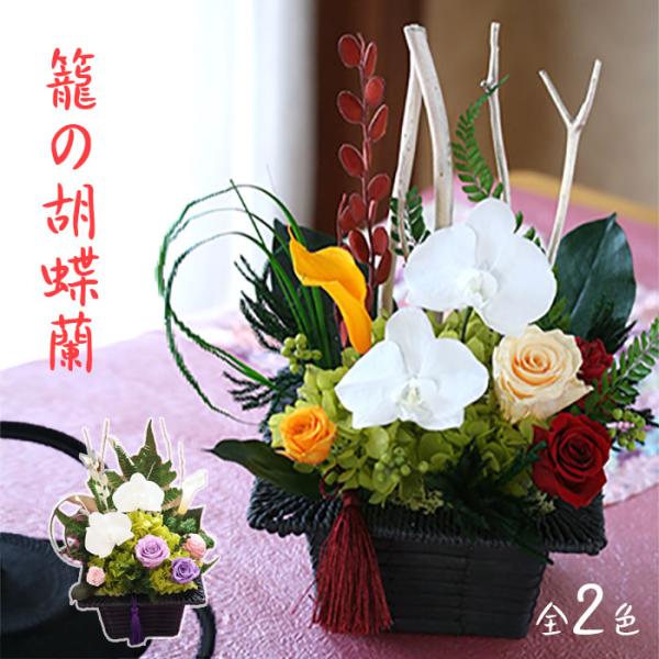 木と竹製の籠の胡蝶蘭のアレンジ希少なプリザーブドフラワーの胡蝶蘭とカラー、バラ、シダ、実もすべて自然素材のみを使用したアレンジ。ギフトにも華やかな色合いです。プレゼントにもうれしいケース付き！大きさケース幅20cm×ケース高さ30cm×奥行...