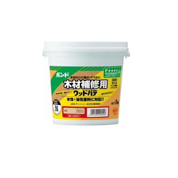木材のひび割れ 穴埋め 下地調整にコニシ ボンド ウッドパテがおすすめです。JAIA F☆☆☆☆ 4V0C基準適合荷姿 1kg 12缶入り※本品は小さな箇所の充てんにお使いください。幅または深さが5mm以上の箇所に使用すると、乾燥後にひび割...