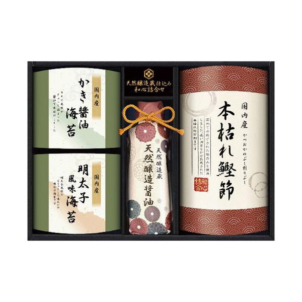 昔ながらの天然蔵でじっくりと熟成し作られたお醤油と、味付け海苔や鰹節などをセットにした日本の心が感じられるギフトセットです。■天然醸造醤油200ml×1本・本枯れ鰹節(2g×3袋)・牡蠣醤油海苔(8切6枚)・明太子風味海苔(8切6枚)各1袋...