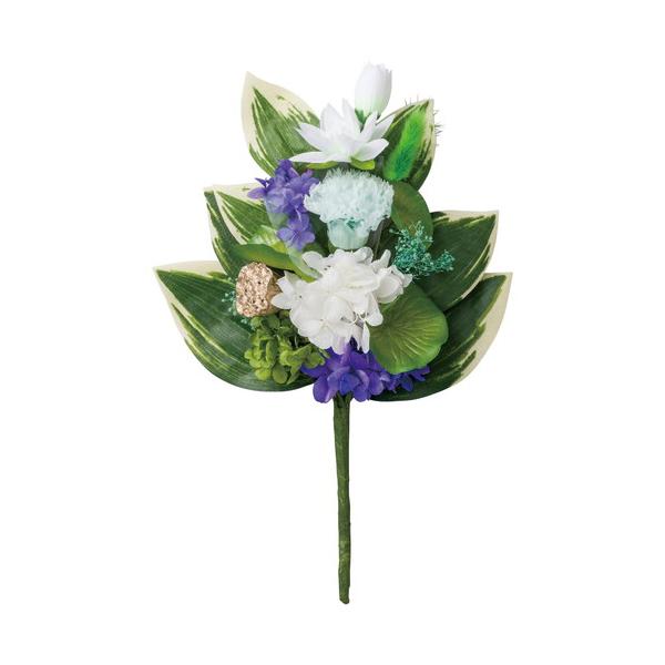 ブルーとパープルのお花が白ハスをひき立てます。ハスと背中の葉はアートフラワーです。■15×8×30cm仏花1個■箱サイズ:17.5×8.3×27.6cm【用途】仏事 香典返し 法事 法要 志
