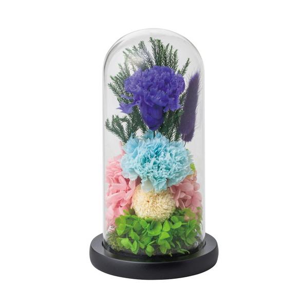 大人気のブルー・紫・白を使ったガラスドーム入りアレンジです。■直径11.5cm高さ21.5cmプリザーブド仏花1個・ガラス、天然木■箱サイズ:14×26.5×14cm【用途】仏事 香典返し 法事 法要 志