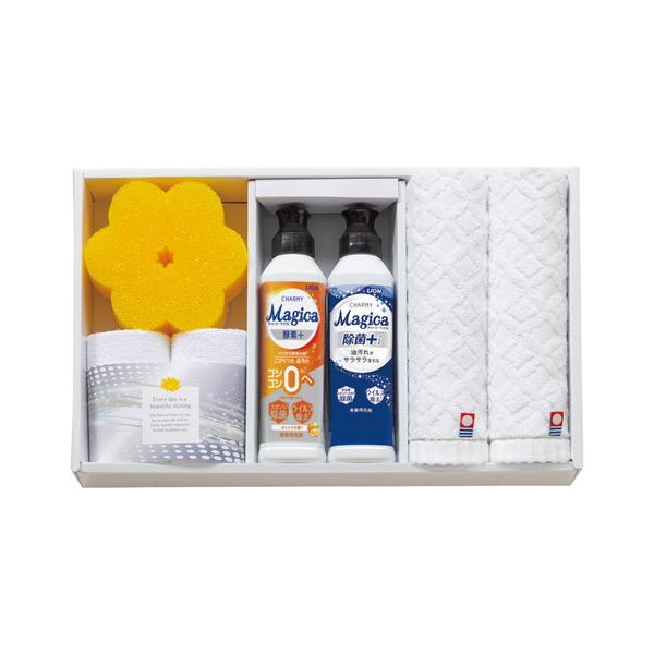 ナノ洗浄で油汚れもサラサラ。食器洗いが手早く片付く、食器用洗剤ギフト。ナノ洗浄でベタつく油汚れもサラサラ落とす食器用洗剤チャーミーマジカと今治タオルやマイクロファイバークロスがセットになった、役立つキッチン洗剤ギフトです。■チャーミーマジカ...