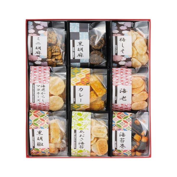 一口サイズのお煎餅詰合せ。色々な味をお楽しみいただけます。■海老(20g)・あおさ海苔(20g)・黒胡麻(20g)・黒胡椒(20g)・ミニゴマ(20g)・カレー(20g)・梅しそ(20g)・海老からしマヨネーズ(20g)・のり巻(20g)×...