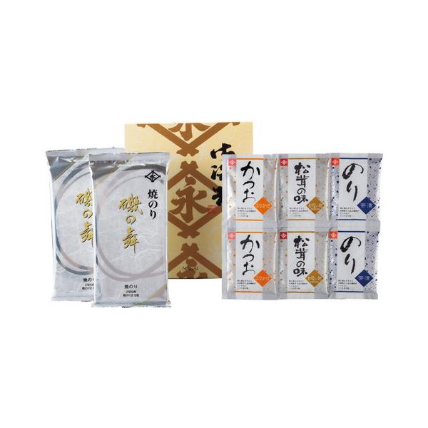 国産風味豊かな焼海苔と海苔茶漬け、かつおふりかけ、松茸の味吸い物の選りすぐりのお詰合せです。■焼海苔(2切5枚)・海苔茶漬(6g)・かつおふりかけ(4.8g)・松茸の味吸い物(3.3g)×各20■箱サイズ:約250×206×35mm【用途】...