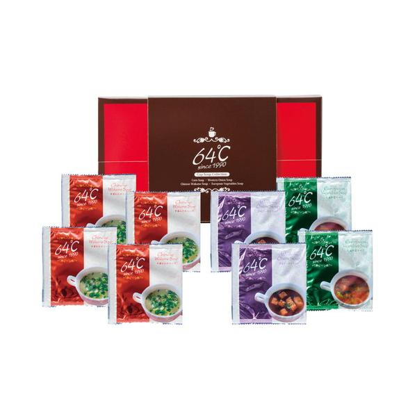 64℃ スープギフトのこだわり。64℃ スープギフトは、スープを飲む時に温かくおいしく感じられ、体をあたためます。おいしいスープをご賞味ください。■中華わかめスープ×4、洋風オニオンスープ・欧風野菜スープ×各20■箱サイズ:約120×210...