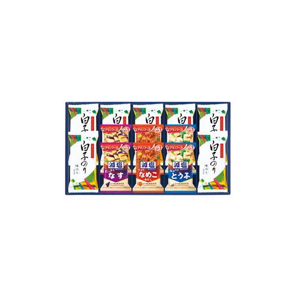アマノフーズの減塩タイプみそ汁と白子のり味のりを詰合せました。■白子のり味のり(8切5枚)×7、減塩いつものおみそ汁(なす)9g・減塩いつものおみそ汁(とうふ)10.3g・減塩いつものおみそ汁(なめこ)8g×各2■箱サイズ:24.2×43....