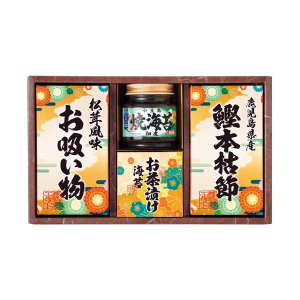 和食ならではの繊細な味を詰合せた食卓にあると嬉しいギフトセットです。突然の来客にも重宝します。■焼きのり入佃煮85g・鰹本枯節(2.5g×3)・永谷園お茶づけ海苔(4.7g×2)・永谷園お吸い物松茸風味(2.3g×4)×各1■箱サイズ:17...