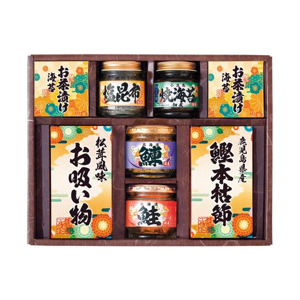 和食ならではの繊細な味を詰合せた食卓にあると嬉しいギフトセットです。突然の来客にも重宝します。■焼きのり入佃煮85g・鰹本枯節(2.5g×3)・永谷園お吸い物松茸風味(2.3g×4)・塩昆布18g・鮭フレーク40g・にしんフレーク50g×各...