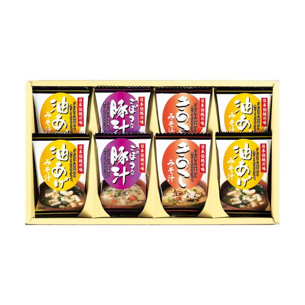 凍結乾燥の技術でお湯を注ぐだけでおいしさそのままのお味噌汁詰合せ。油あげとわかめを使い、和風だしを効かせた定番の油あげ味噌汁。3種のきのこを使い、米みそと豆みそをブレンドした風味豊かなきのこ味噌汁。豚肉と野菜の旨味にごぼうの食感がマッチした...