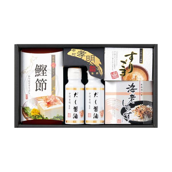 日本料理を親しみやすくが「レストラン中村孝明」のコンセプト。中村孝明監修の調味料で、アクセントのある味わいをご家庭で。■中村孝明監修だし醤油100ml×2、すりごま(8g×2)・柳屋本店かつお削りぶし(3g×4)・海老しらすふりかけ(3g×...